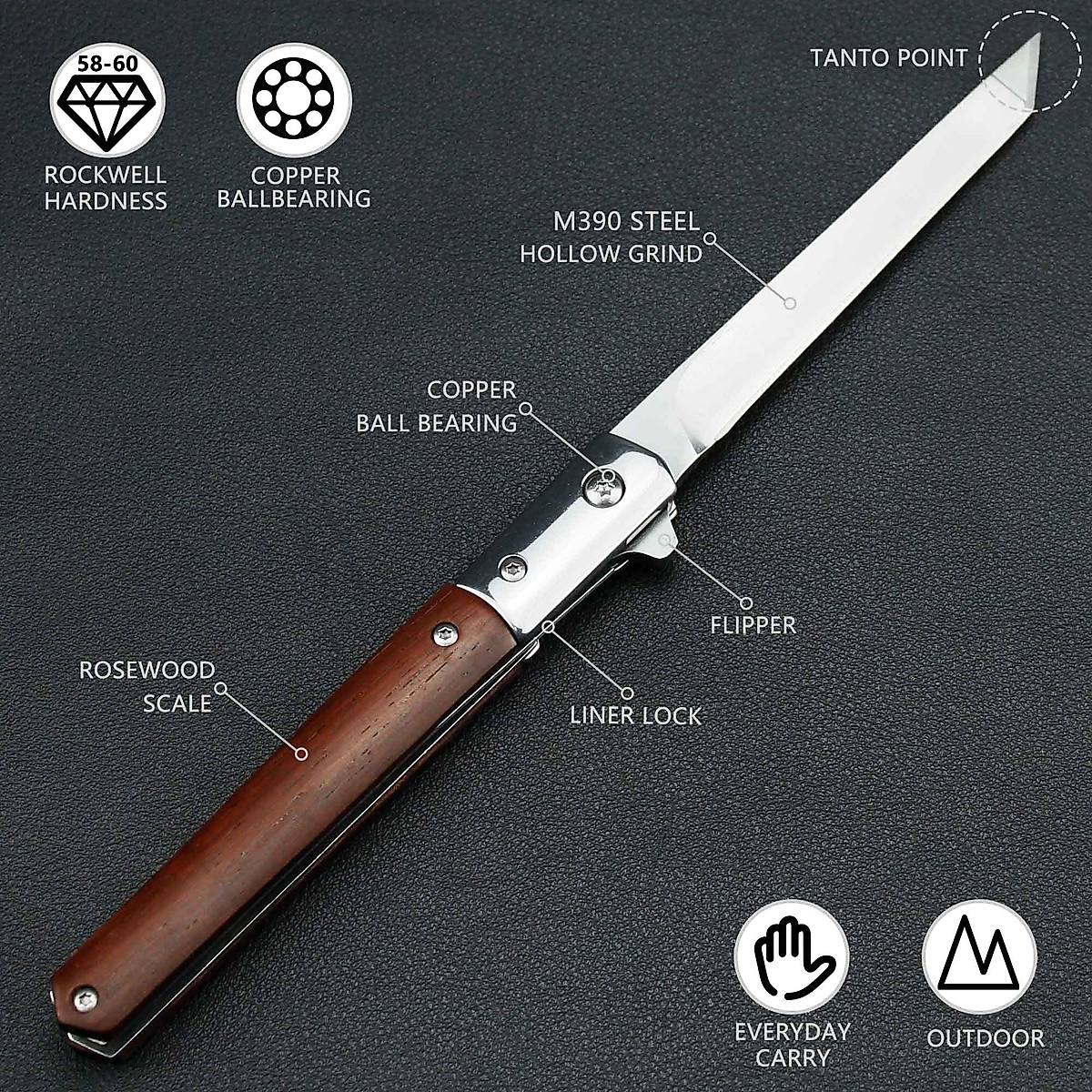 Carimee Slim Pocket Knife - 4 inch Gentlemen EDC Knife - Tanto l Blade with Ball Bearing - Liner Lock and Leather Sheath for Box and Letter Opener, 2024 Gifts fo men women