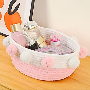RengaoRise Small Pink Basket with Pompoms, 10.6" x 9.8" x 4.3" Oval Decorative Cute Cotton Rope Woven Baby Basket for Diapers, Towels, Hair Accessories,Toys, Gifts, Basket Empty to Fill for Baby Shower, Nursery, Birthday