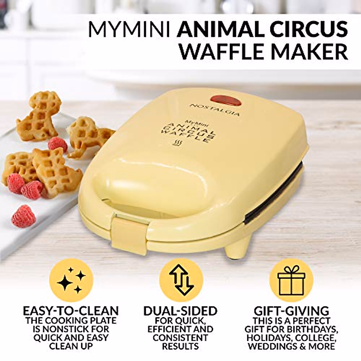 Nostalgia MyMini Personal Electric Animal Circus Waffle Maker, Waffle Iron makes Cat, Dog, Elephant, Lion, Yellow