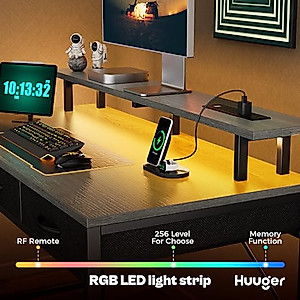 Huuger 47 inch Computer Desk with 3 Drawers, Office Desk Gaming Desk with LED Lights & Power Outlets, Home Office Desks with Storage Space for Bedroom, Work from Home, Gray