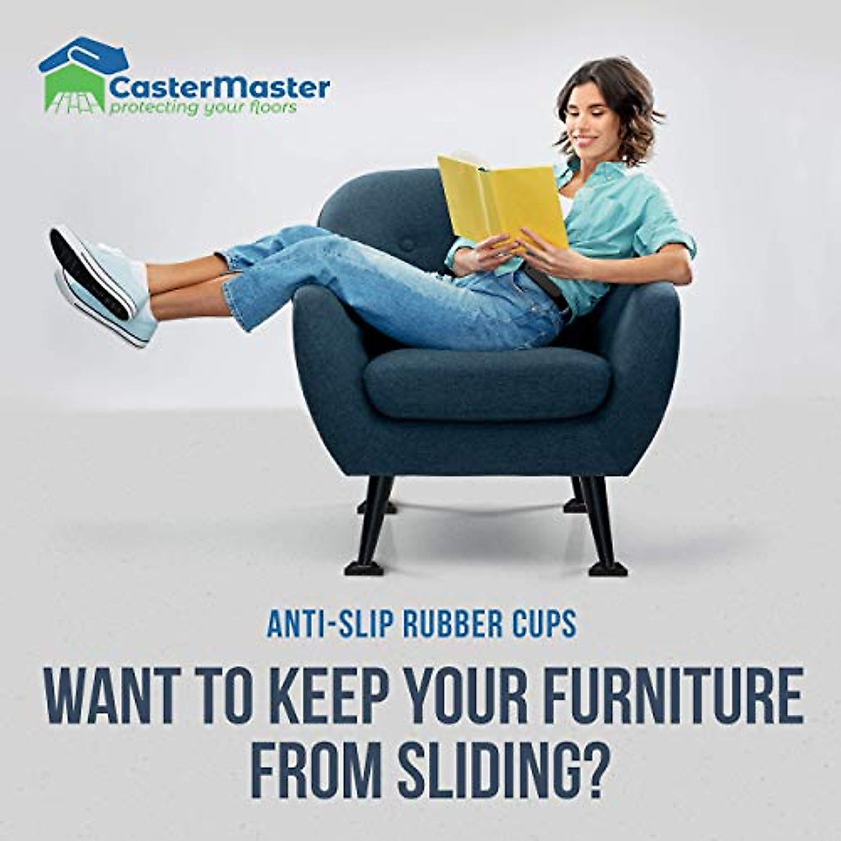 CasterMaster Non Slip Furniture Pads - 2x2 Square Rubber Anti Skid Caster Cups Leg Coasters - Couch, Chair, Feet, and Bed Stoppers with Anti - Sliding Floor Grip (Set of 4)