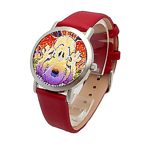 RICH Snoopy by Everhart Featuring Tom Everhart's Image of Snoopy in Nobody Barks in L.A. On The Unisex Size Brushed Chrome Watch with A Red Leather Strap