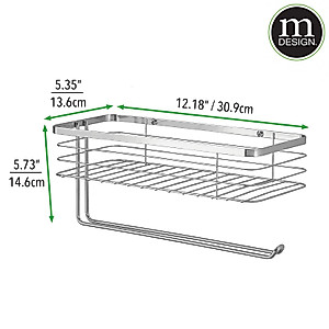 mDesign Steel Horizontal Wall Mount Paper Towel Holder with Basket Storage Organizer for Kitchen Countertop, Pantry, Cabinet, Cupboard - Holds Spices, Snacks, Drinks - Carson Collection - Chrome