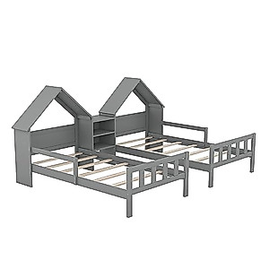 SIYSNKSI Twin Size Platform Bed with House-Shaped Headboard, Wood Platform Bed Frame with a Built-in Nightstand, Shared Double Twin Beds for Kids Teens Adults Boys Girls Bedroom (Grey 03)