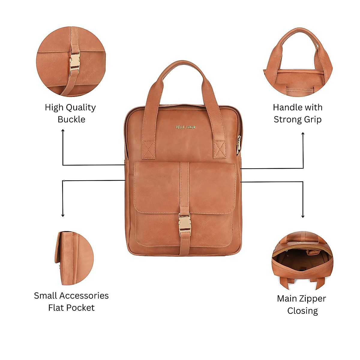 Pelle Luxur Women Leather Zipper Closure Travel Backpack for Laptop Handbag Purse