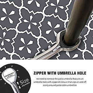 Damask Pattern round outdoor tablecloth,Round Tablecloth with Umbrella Hole and Zipper for Patio Garden,Waterproof Spill-Proof,for Camping, Picnic, Spring, Patio, Party(72" Round,Grey and White)