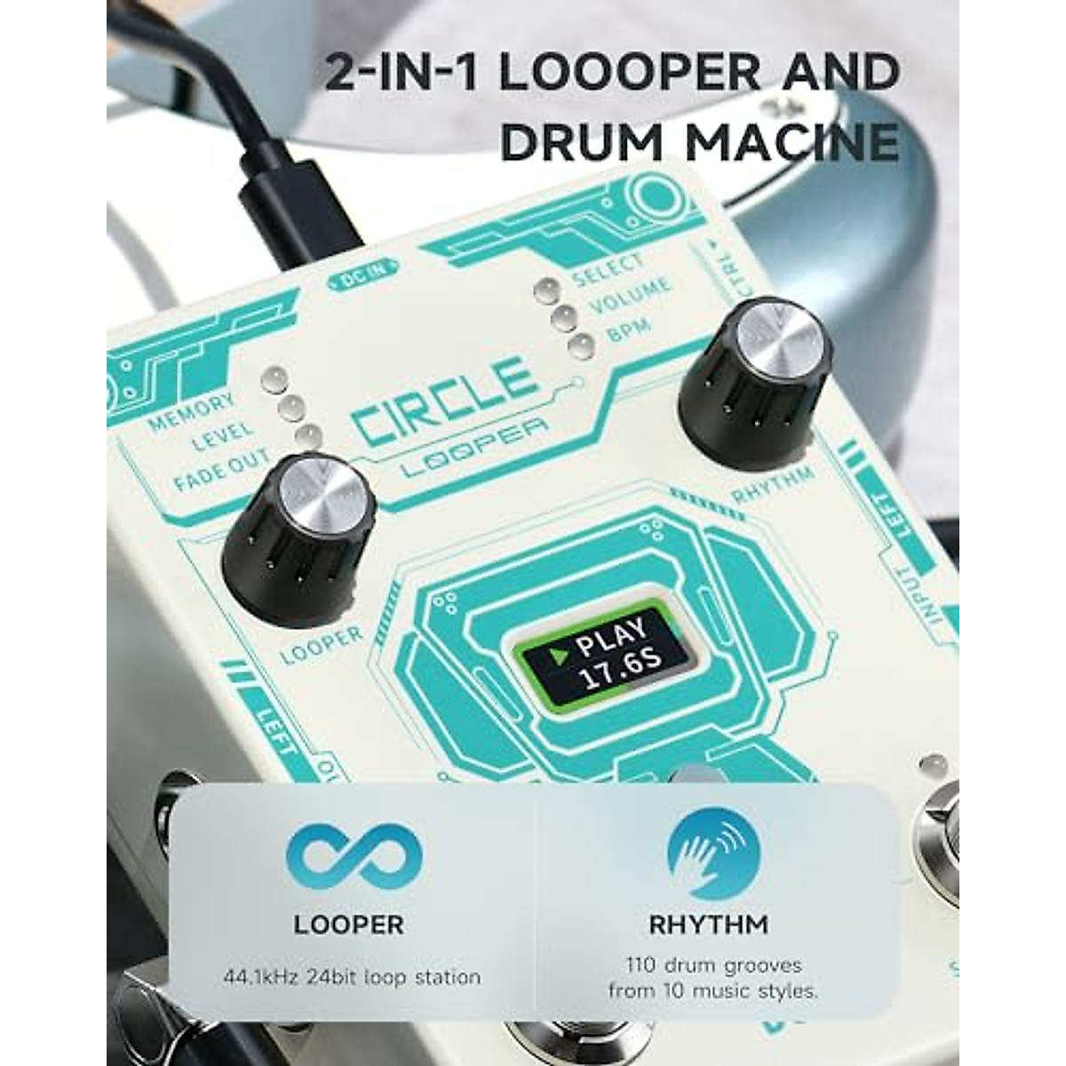 Donner Circle Looper Pedal Drum Machine, 2 in 1 Drum Looper Stereo Guitar Loop Pedals, 40 Slots 160 mins Loop with 110 Drum Grooves, Tap Tempo, Fade Out