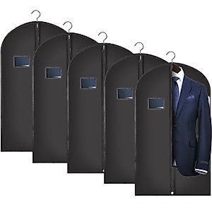 Hleelomi 5 Pack 40-inch Suit Bag Garment Bag for Travel and Storage, Garment Bags for Hanging Clothes with Zipper and Visible Transparent Window, Black