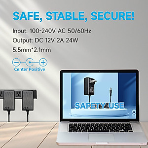 12V 2A AC to DC Regulated Power Supply Adapter, 2000mA 24W AC Adapter for CCTV Security Camera Surveillance System DVR NVR LED Light Strip Router Razor Power Core Roku Media Player and More, UL FCC