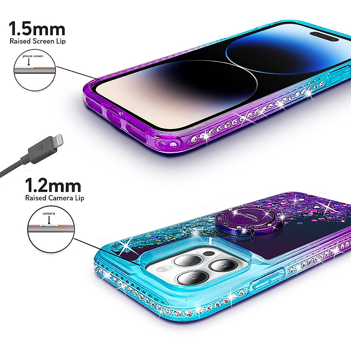 Silverback Designed for iPhone 14 Pro Case,14 Pro Phone Case with Ring Kickstand,Glitter Bling Flowing Liquid Quicksand for Women Girls Phone Case for iPhone 14 Pro,Purple