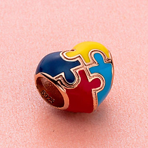 HOMIEBUDS Autism Awareness Charm, Rose Gold Puzzle Pieces Charms, fits DIY Snake Bracelet, 925 925 Sterling Silver Heart Beads Colorful Enamel Charms, Love Gifts for Women/Men/Girls/Boys