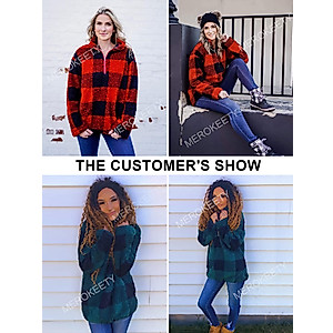 MEROKEETY Women's Plaid Sherpa Fleece Zip Sweatshirt Long Sleeve Pullover Jacket, Green, L