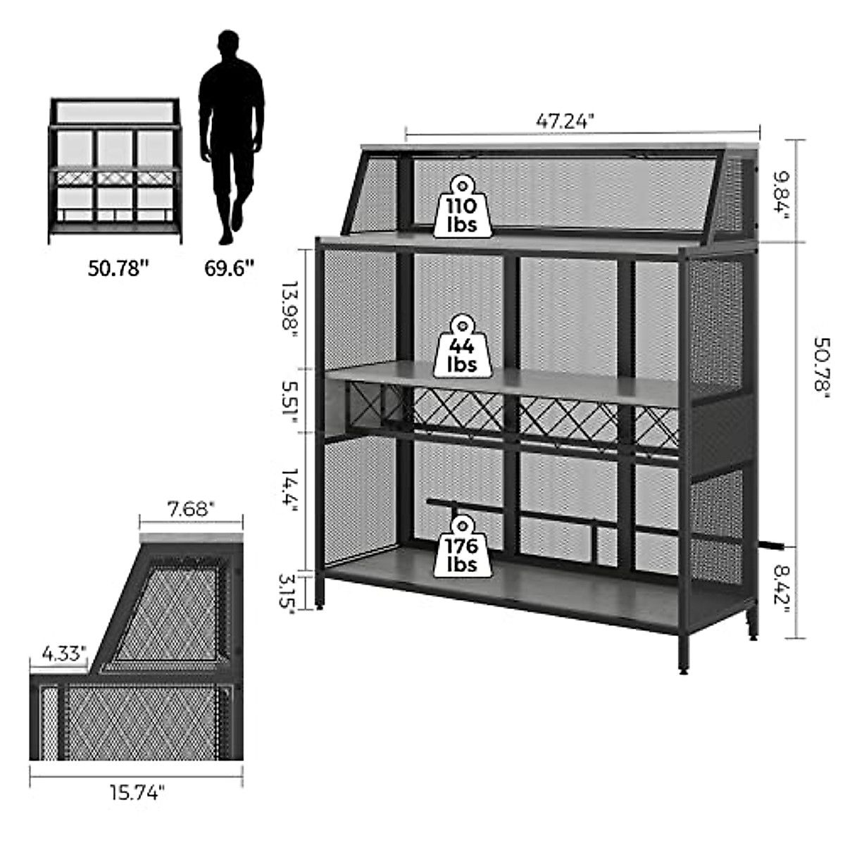 KFO Home Bar Unit, 4 Tier Bar Cabinet with Footrest, Industrial Metal Liquor Cabinet with Wine Rack Storage Shelf, Buffet Cabinet for Home Kitchen Pub (Black)