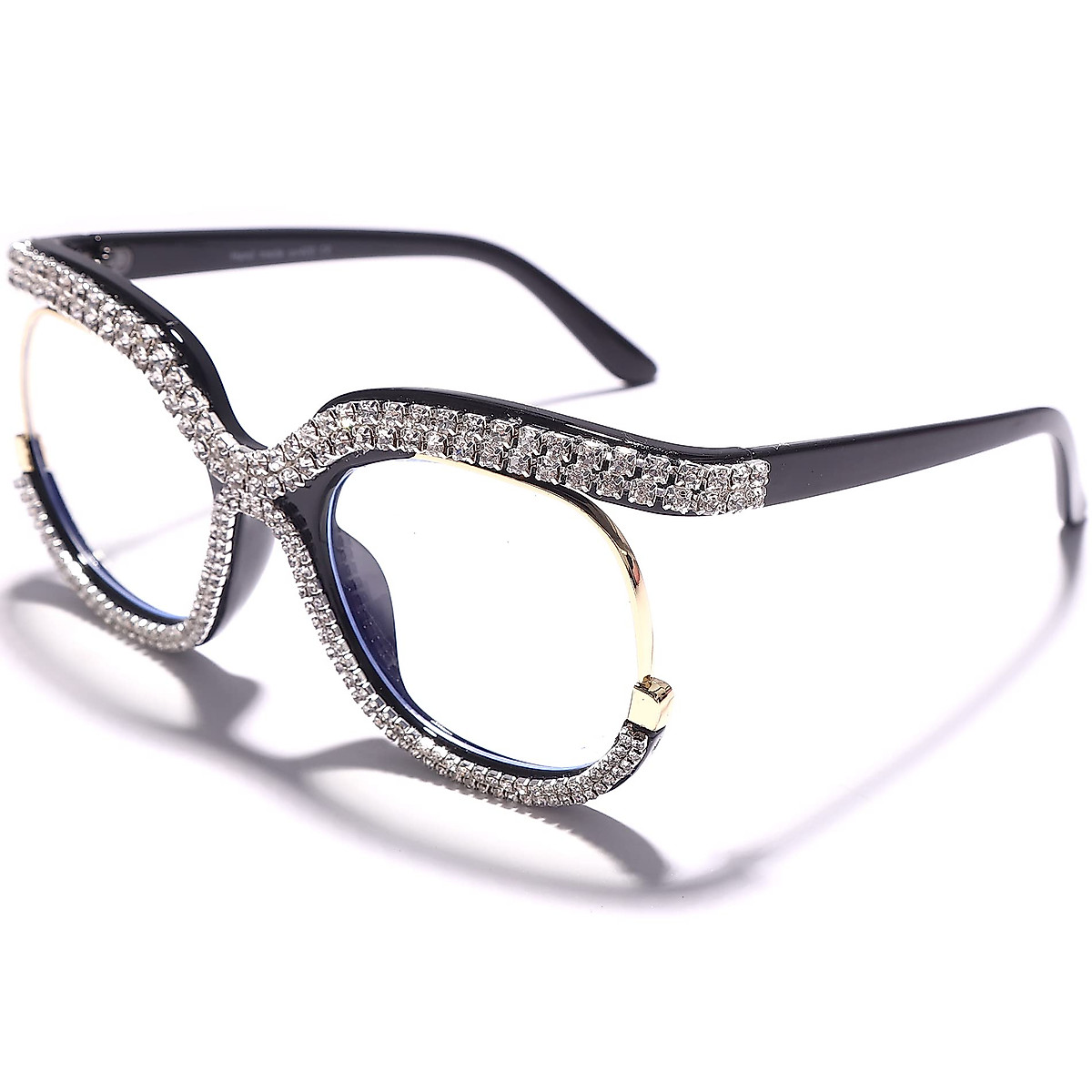 Rmerom Blue Light Blocking Oversized Glasses Stylish Fake Round Eyeglasses for Women UV400 Protection Eyewear GVA9051 (Black/Anti-blue W/Diamon)