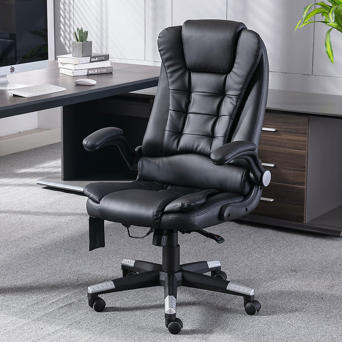 GNMLP2020 Leather Executive Office Chair, Massage Office Chair with Heated, High Back Leather Desk Chair with Lumbar Support and Flip-up Armrest, Comfortable Home Office Desk Chairs