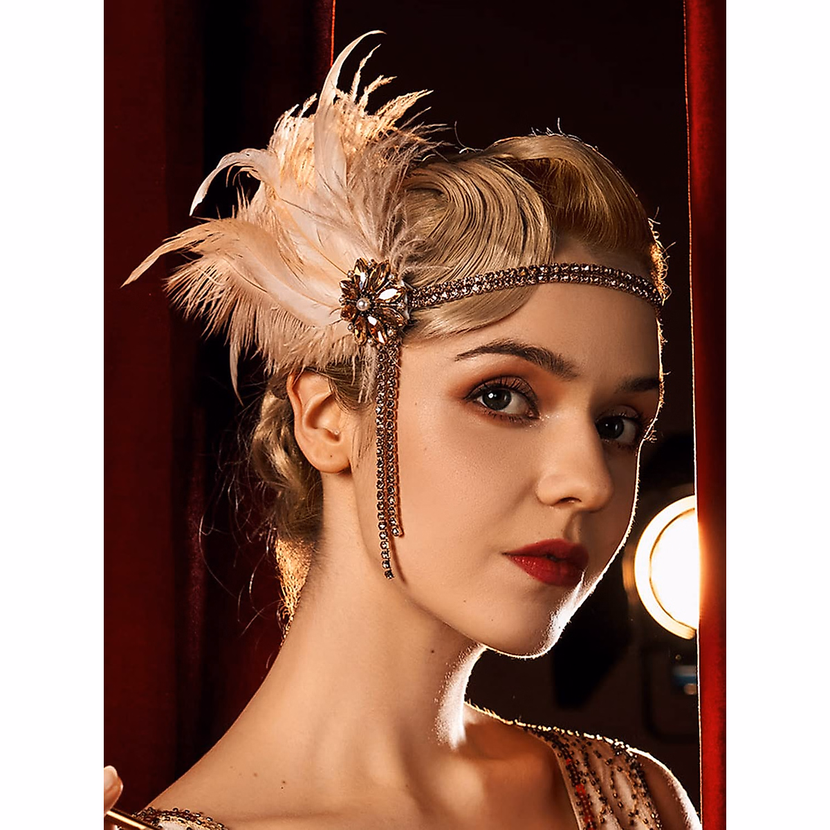 SWEETV 1920s Headpiece Flapper Headband, Rhinestone Pearl Feather Hair Band Great Gatsby Headpiece Accessoreis for Women,Champagne