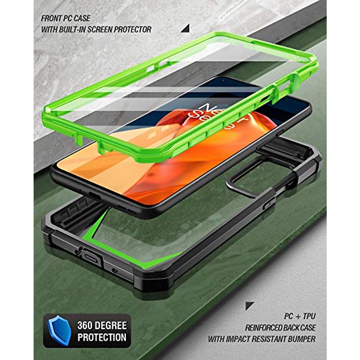Poetic Guardian Series Case Designed for Oneplus 9 5G, Full-Body Hybrid Shockproof Bumper Cover with Built-in-Screen Protector, Green/Clear