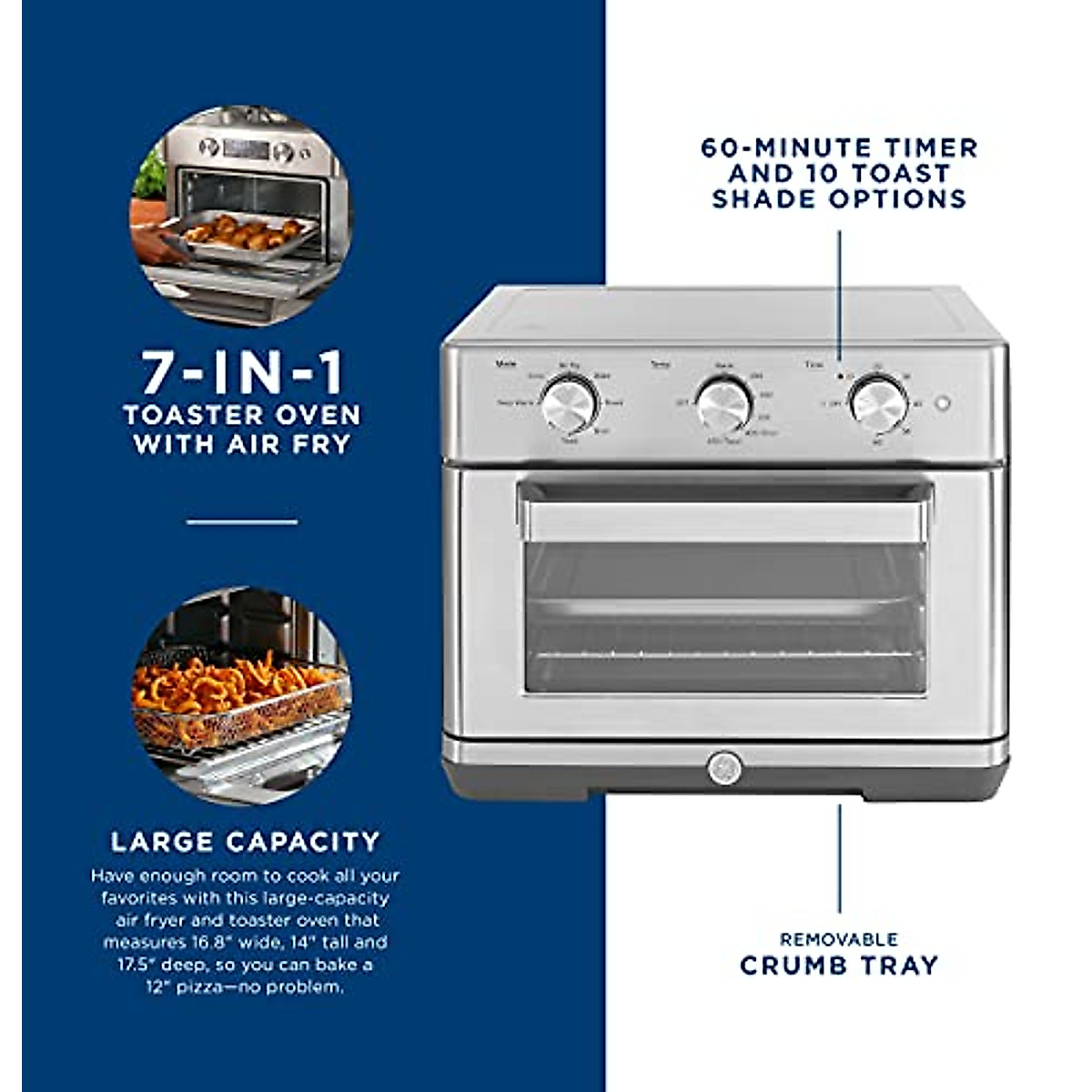 GE Mechanical Air Fryer Toaster Oven + Accessory Set | Convection Toaster with 7 Cook Modes | Large Capacity Oven - Fits 12" Pizza | Countertop Kitchen Essentials | Stainless Steel