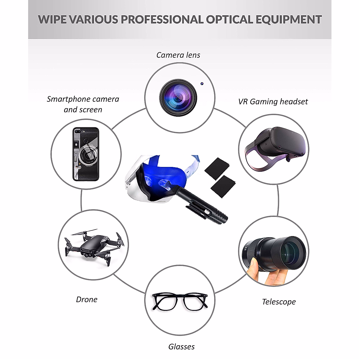 Clean VR Kit for Cleaning Virtual Reality Accessories Compatible with Meta Quest 3 Oculus Quest 2 Vision Pro, Optical Lens Dust | Lens Cleaning Pen + 2 Microfiber Cloths