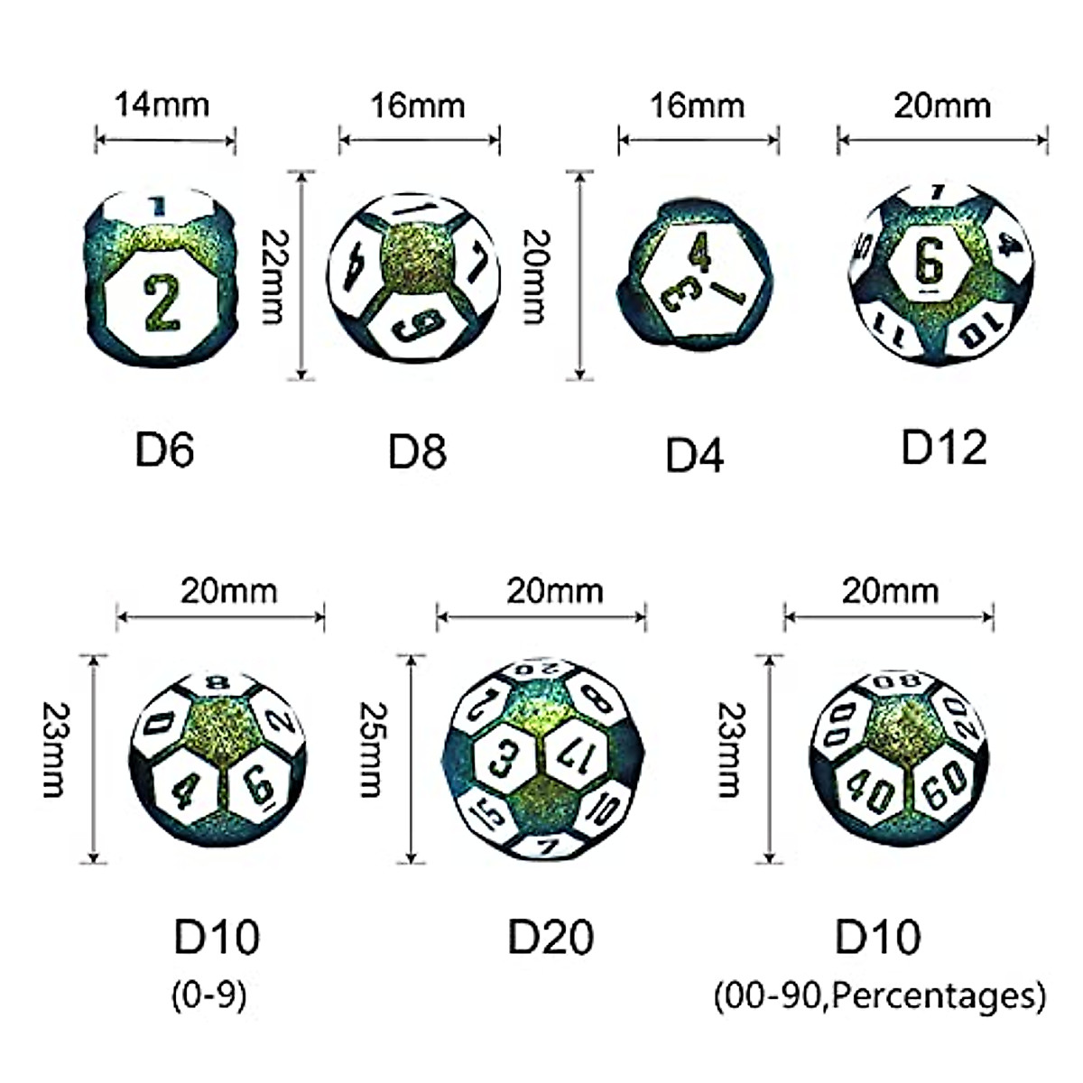 UONUOT 7pcs DND Football Metal Dice Set D&D Polyhedral Dice for Dungeons and Dragons Role Playing Dice Games RPGs (Green)