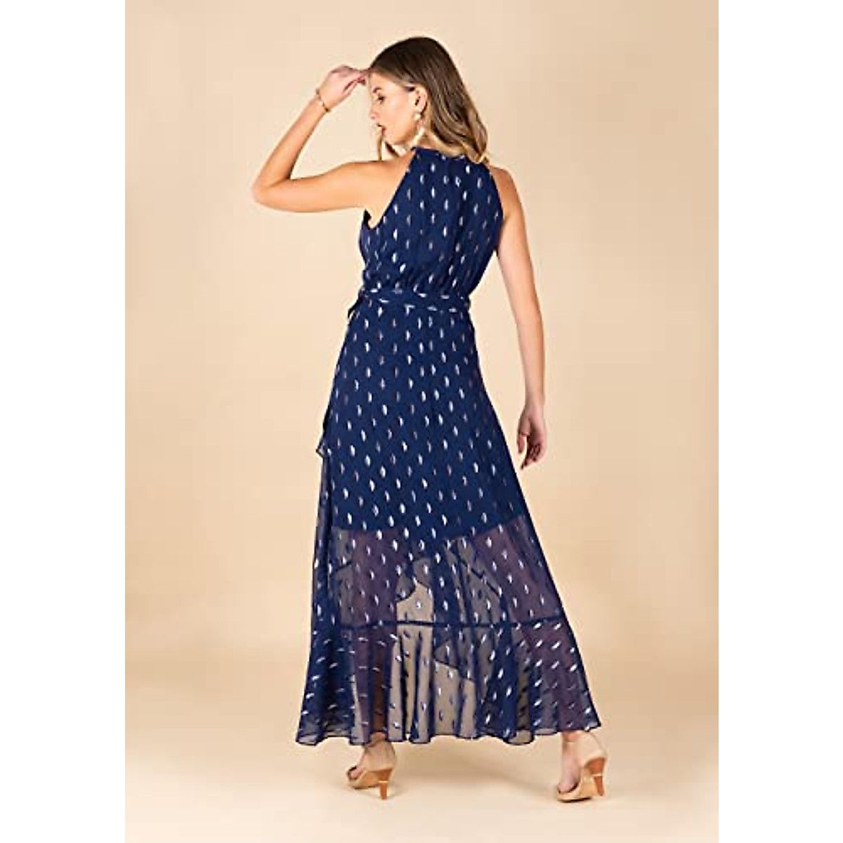 Rhysley Trendy Blue Halter Maxi Dress: Sleeveless Georgette Lurex for Wedding & Summer Parties