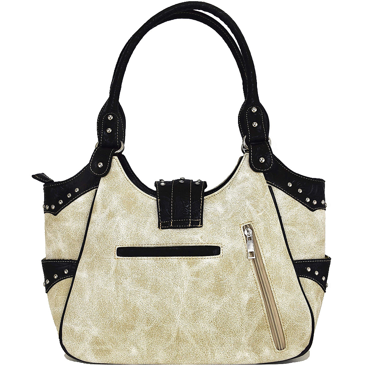 Western Style Tooled Leather Buckle Concealed Carry Purse Country Handbag Women Shoulder Bag Wallet Set (Beige Set)