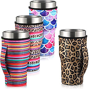 4 Pieces Coffee Cup Sleeve Reusable Neoprene Insulated Sleeves Cup Cover Holders Drinks Sleeve Holder for 30-32 oz Cold Hot Beverages, 4 Styles