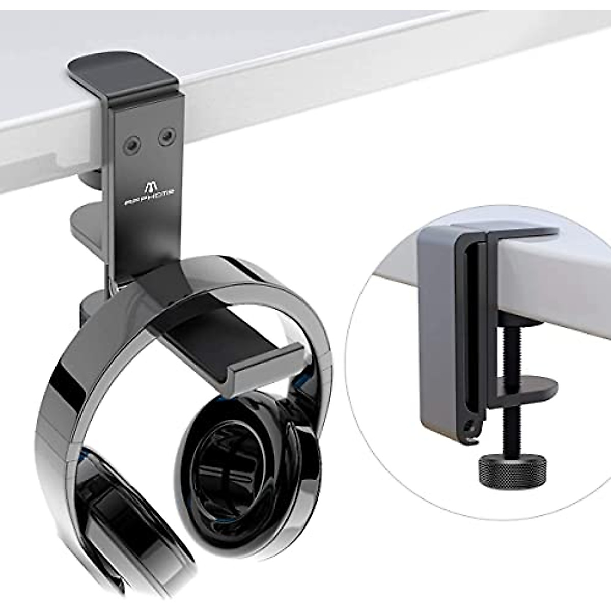 APPHOME 2 Pack Foldable Headphone Stand, Under Desk Headset Hanger Hook Holder, Aluminum PC Gaming Headset Holder for Desk, Non-Slip Desk Hook Space Save Universal Headphone Mount Clamp (Black)