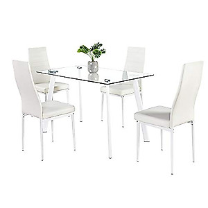 Bonnlo 5 Pieces Dining Table Set,Modern White Dining Room Table Set for 4,Small Kitchen Table and Chairs Set for 4,Glass Dinner Table Set with PU Leather Metal Frame Chairs,Clear&White