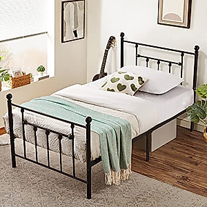 VECELO Twin Size Metal Platform Bed Frame with Headboard and Footboard, Heavy Duty Slat Support/No Box Spring Needed Mattress Foundation/Underbed Storage Space, Victorian Style, Black