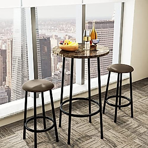 AWQM 3 Piece Bar Table Set, Small Bistro Table and Chairs Set of 2, Round Pub Dining Table Set for Breakfast Nook, Dining Room, Kitchen, Small Spaces - Brown