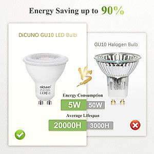 DiCUNO GU10 LED Bulbs 5W Daylight White, 6000K, 500lm, 45 Degree Beam Angle, Spotlight, 50W Halogen Bulbs Equivalent, Non-dimmable MR16 LED Light Bulbs, 6-Pack