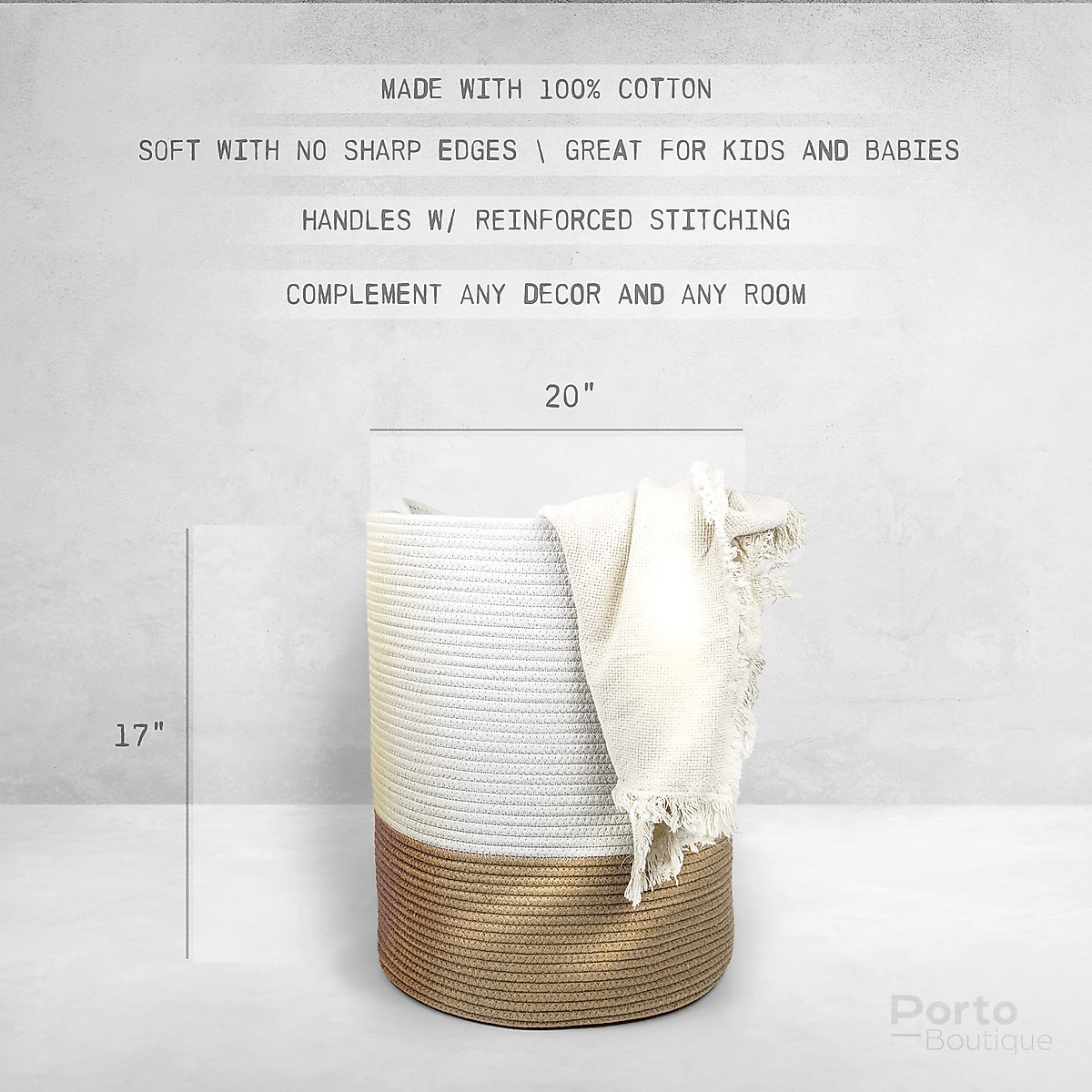 Extra Large Rope Cotton Basket. Woven Laundry Basket for Blankets, Kids or baby. Toy bins for kids organizer. Hampers for bedroom. Nursery Clothes Baskets. Baby laundry basket. Storage bin. (Brown))