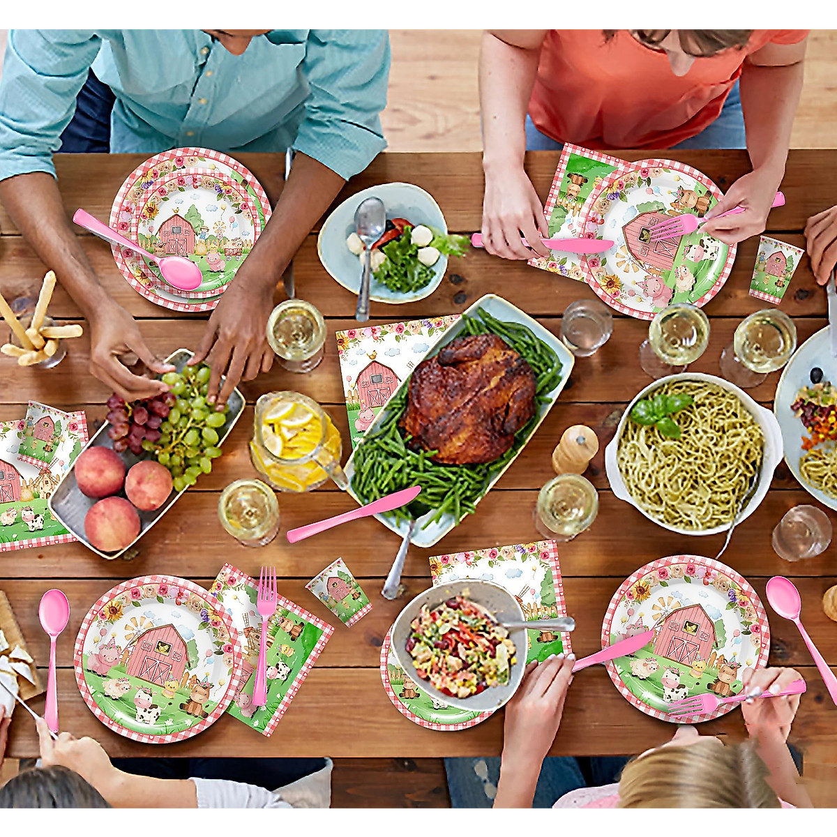 Piooluialy Pink Farm Birthday Party Supplies for Girl - Farm Animal Baby Shower Party Decorations Include Dinner Plates, Cups, Napkins, Cutlery, Farm House Barnyard Theme Party Supplies | Serves 24