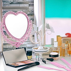 CHENGU Heart Shaped Mirror 8 Pieces Hair Styling Combs Double Sided Rotatable Dresser Heart Mirror Makeup Gifts for Girls Gift Vanity Tabletop(Pink)