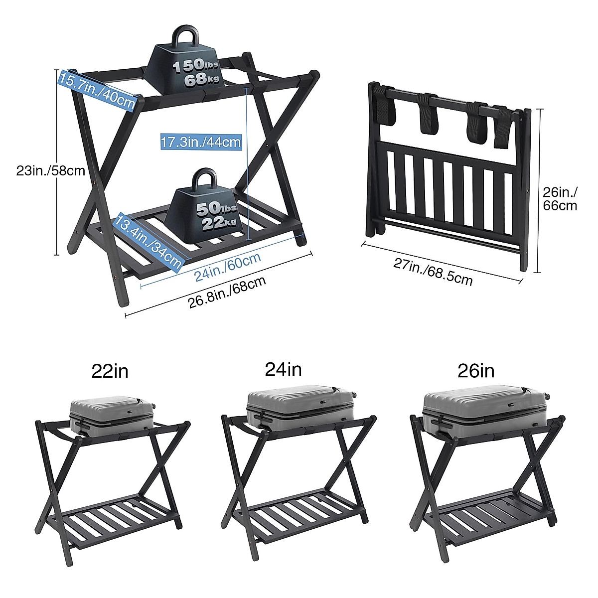 ALAPUR Folding Luggage Rack for Guest Room,Bamboo Suitcase Stand Holder with Shelf for Home Hotel Bedroom,Black