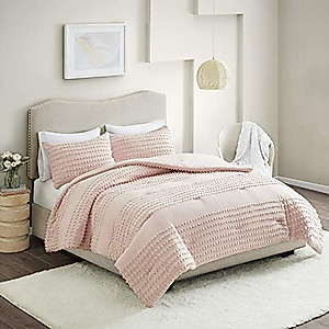 Comfort Spaces 100% Comforter Set Cotton Jacquard Pom Tufts Design Hypoallergenic Down Alternative, All Season Modern Bedding, Matching Shams, Full/Queen, Phillips, Blush