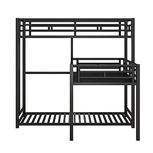 Twin Over Twin Bunk Bed, L-Shaped Metal Triple Bunk Bed Attached Twin Loft Bed with LadderFull-Length Guardrails, 3 Bed Bunk Beds for KidsTeens LF, Black