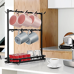 YEFDG Coffee Mug Holder with Movable Hooks, 14 Capacity Coffee Cup Holder for Organizer Countertop, Metal Mug Tree Holder Rack with Storage Base, Home Storage Mug (Black)