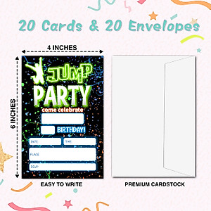 TIOFUNO Glow Jump Birthday Party Invitations(4" X 6"), Trampoline Park Bounce House Party Fill-In Invites, 20 Invitation Cards With Envelopes-B03