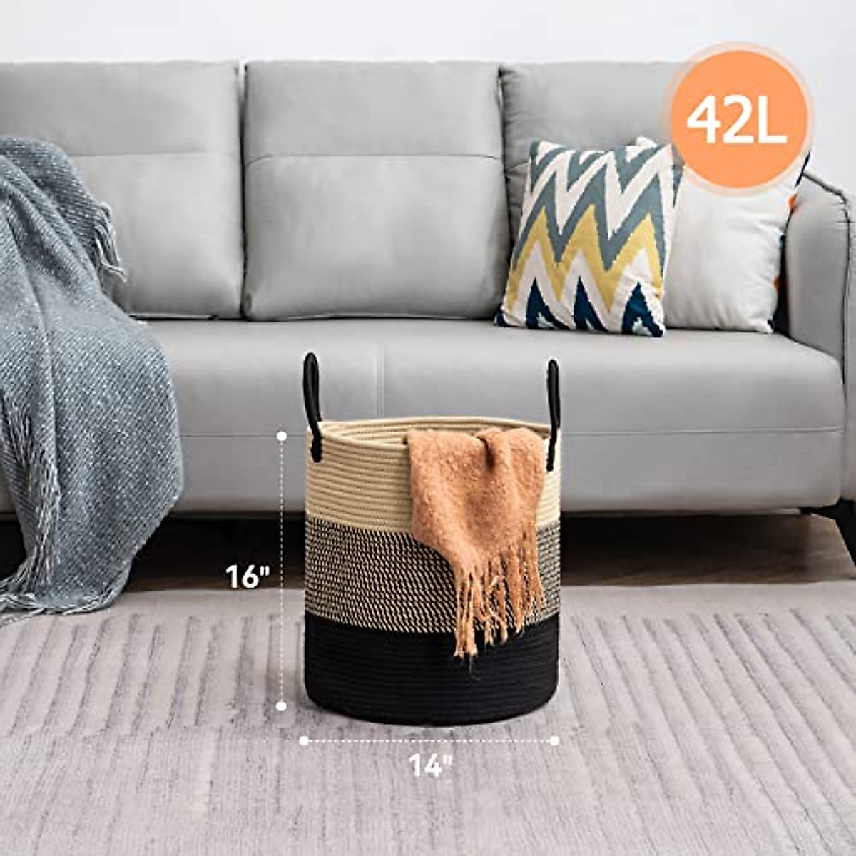 Woven Rope Laundry Basket by TECHMILLY, 42L Baby Nursery Hamper for Clothes Blanket Storage, Large Tall Laundry Hamper for College Dorm, Bedroom, Living Room, Brown & Black