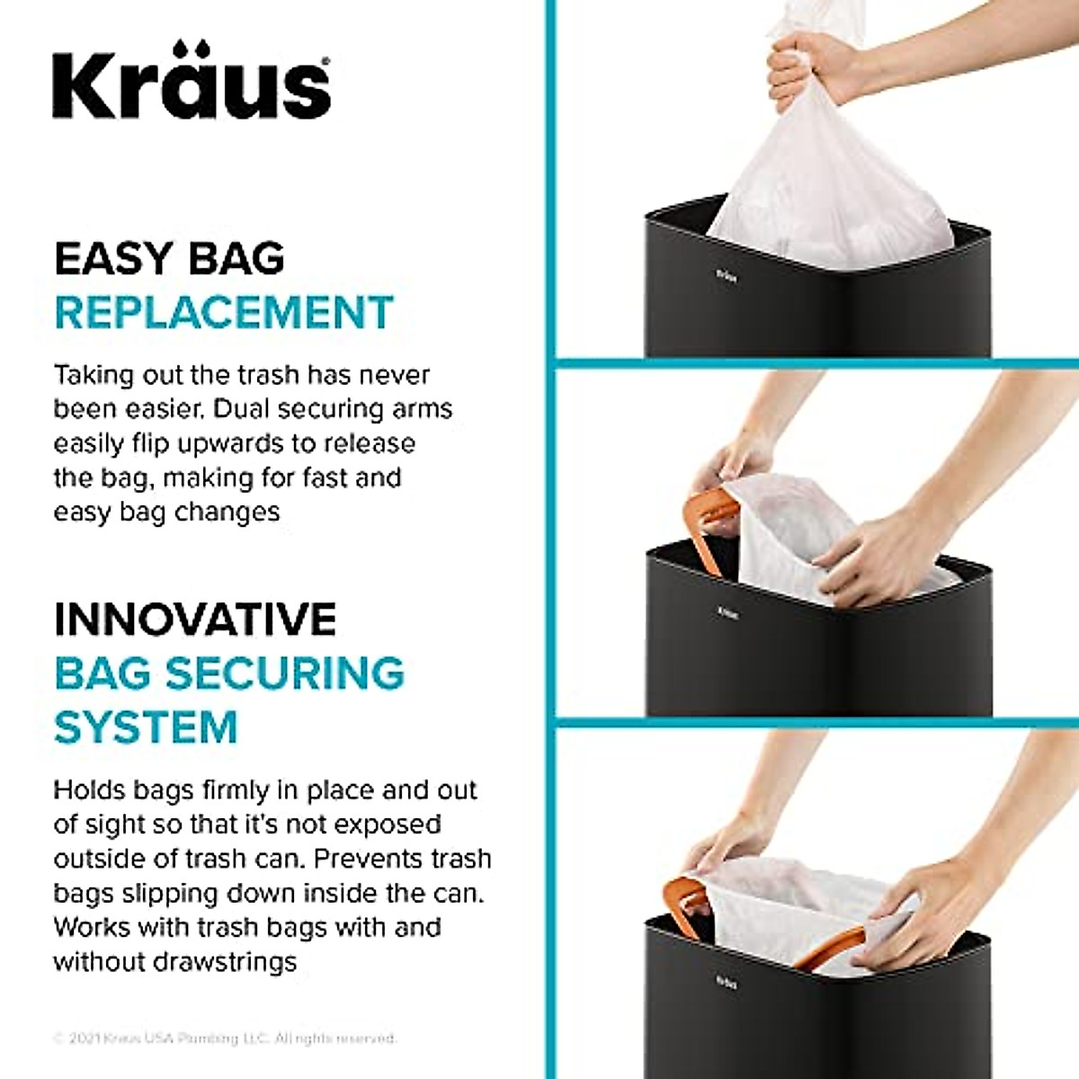 Kraus KTCS-10MB GarbagePro Rectangular 13 Gallon Hands-Free Motion Sensor Trash Can Battery Operated in Matte Black Finish with SoftShut Touchless Lid