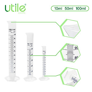 Utile Plastic Graduated Measuring Cylinder Set, 3 Sizes 10ml 50ml and 100ml, PP Material with Hexagonal Base and Blue Printed Graduation, 4099.0015.1.