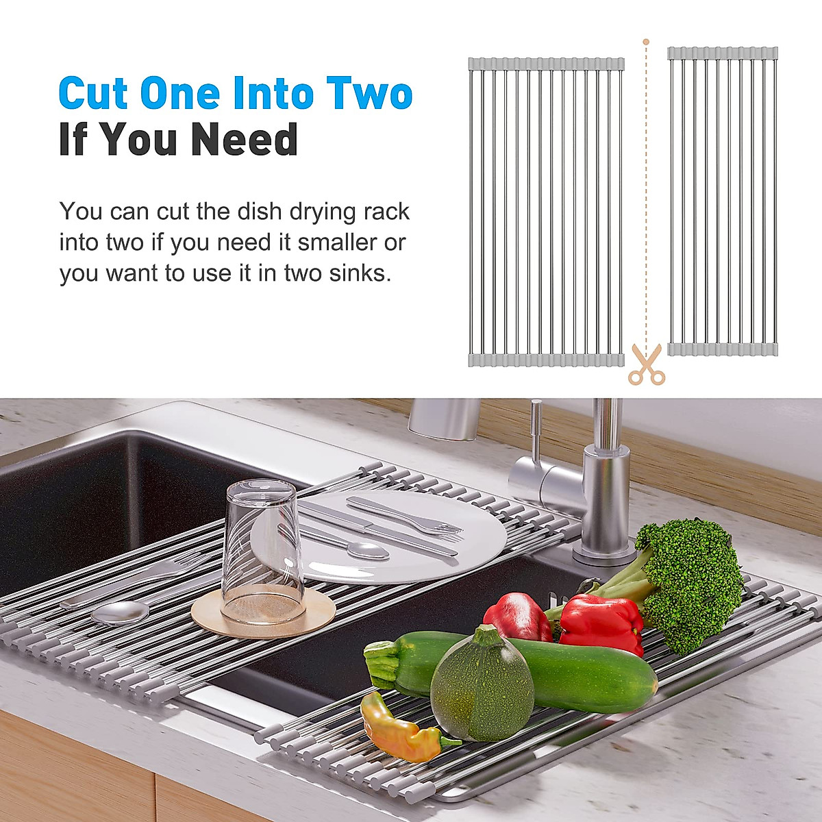 EMBATHER 20.8'' x 18.1'' Roll Up Dish Drying Rack Over The Sink, Dish Drying Rack for Kitchen Counter, Multipurpose Stainless Steel Foldable Kitchen Drainer Rack with Anti-Slip Silicone, Gray