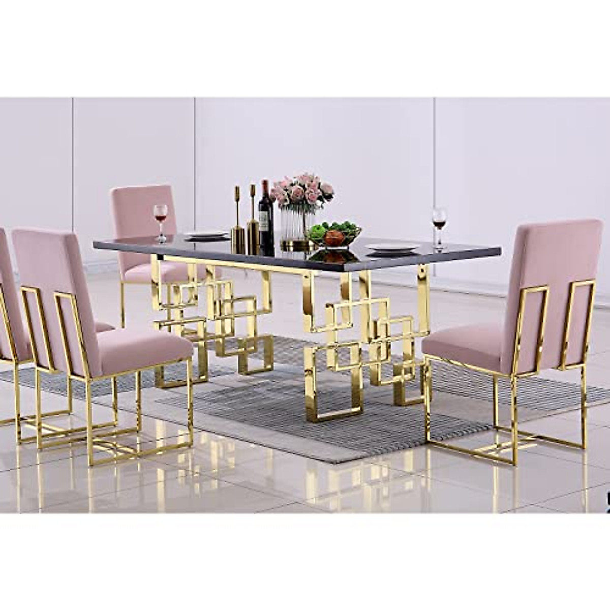 AZhome Dining Chairs, Pink Upholstered Velvet Dining Room Chairs with Mirror Gold Stainless Steel Legs, Set of 4