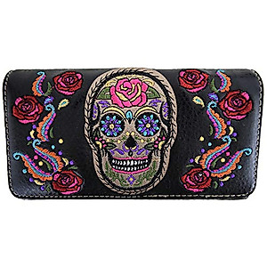 WESTERN ORIGIN Sugar Skull Day of the Dead Daypack Concealed Carry Backpack Fashion Women Travel Biker Purse Wallet Set (#1 Black Set)