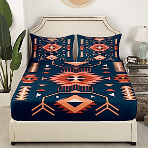 Southwest American Fitted Sheet Twin Size Indian Tribal Aztec Style Deep Pocket Sheet Vintage Navy Blue Red Bedding Set 2pcs for Kids Teens Adults Room Decor Abstract Art Sheet Set,1 Pillowcase