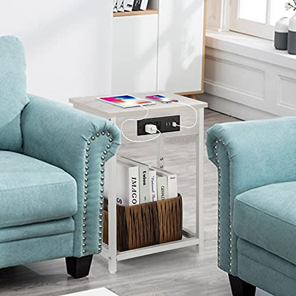 melos Nightstands with Charging Station, 2 Tier Bedside Table with USB Ports and Outlets, Narrow End Table with Storage Shelf, Side Tables for Bedroom, Living Room, Light Maple White