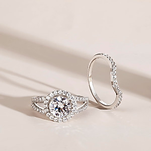 JALOKIVI 1.5CT 925 Sterling Silver Bridal Rings Sets for Women Round Cut Halo Cubic Zirconia Engagement Ring Wedding Band Size 5