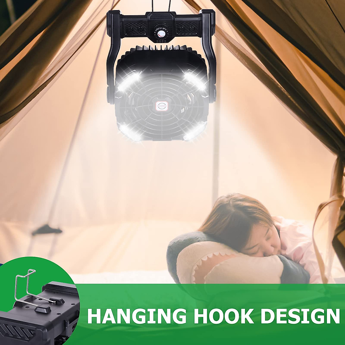 Camping Fan with LED Lantern, Portable Fan Rechargeable Battery Powered Fan for Outdoor Camping Fans, 270°Head Rotation Beach Fan, Quiet Table Fan Battery Operated USB Fan for Tent Picnic Black X26